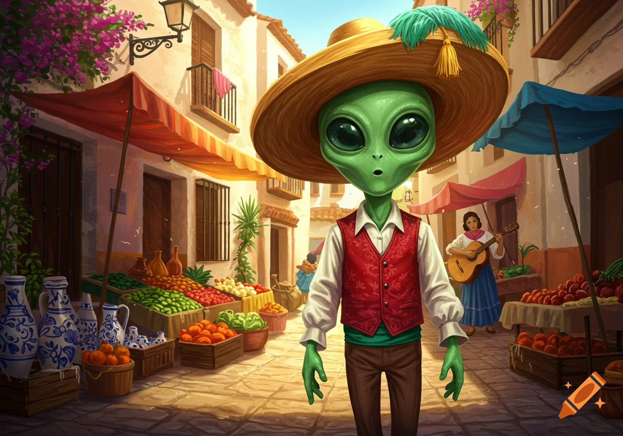 A green alien in a wide-brimmed straw hat and red vest stands in a ...