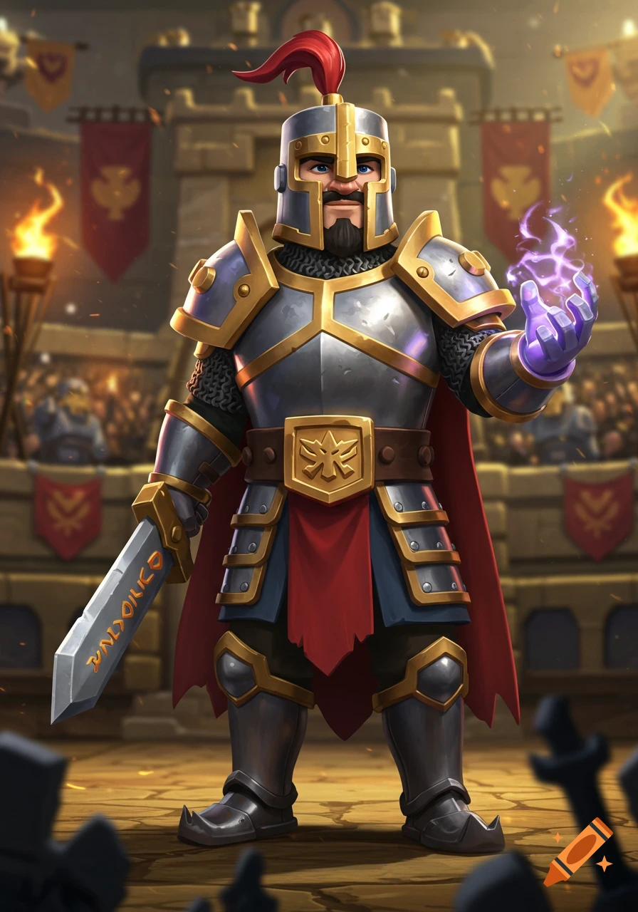 A cartoonish knight in full armor and a red plume, holding a sword with ...