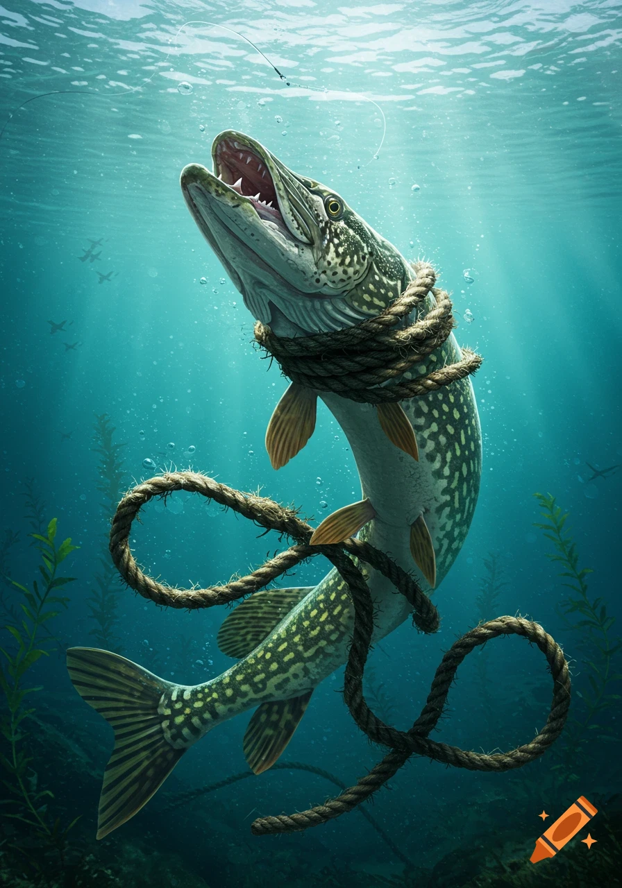 A realistic illustration of a pike fish, mouth agape and showing teeth ...