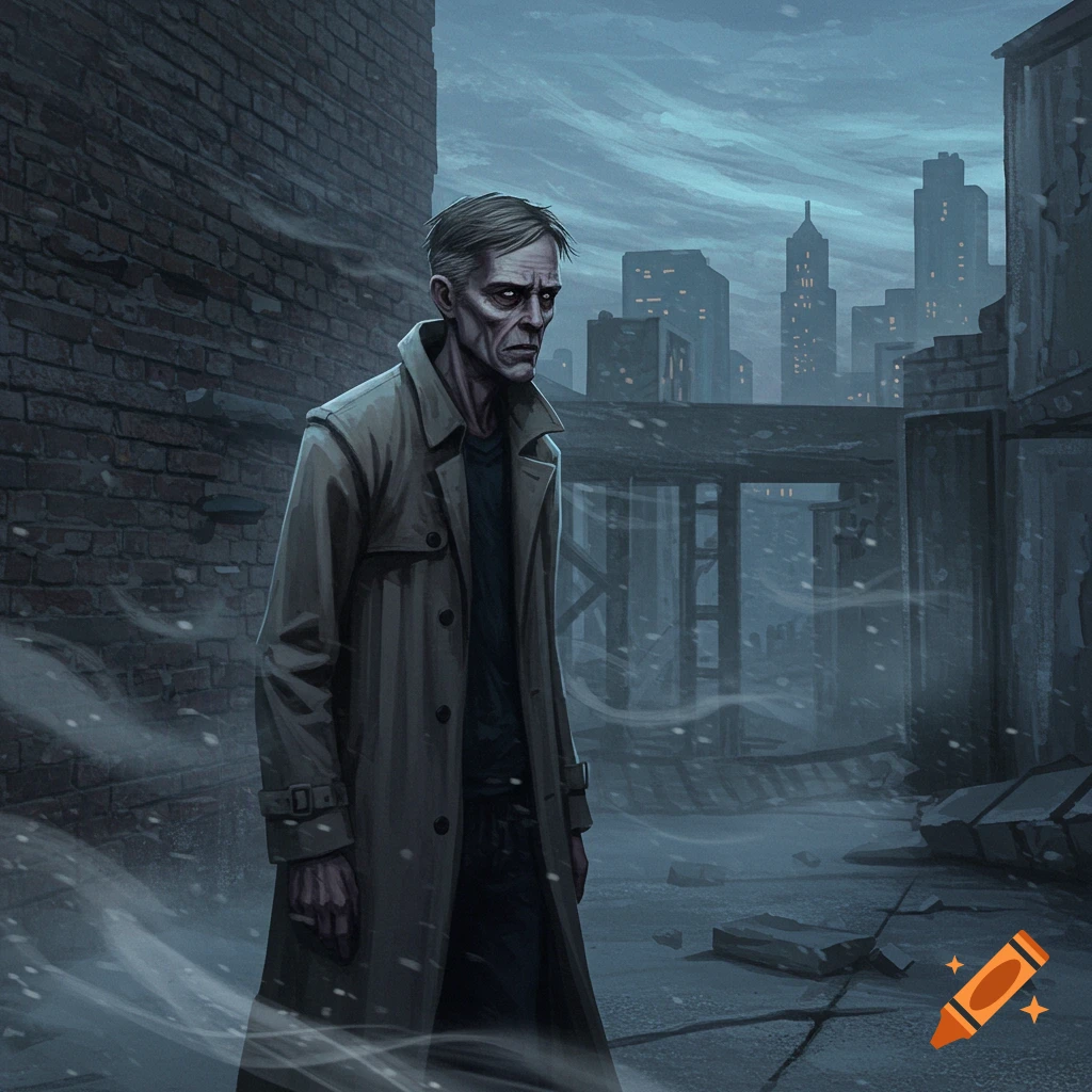 A gaunt man in a trench coat with a dejected expression stands in a ...
