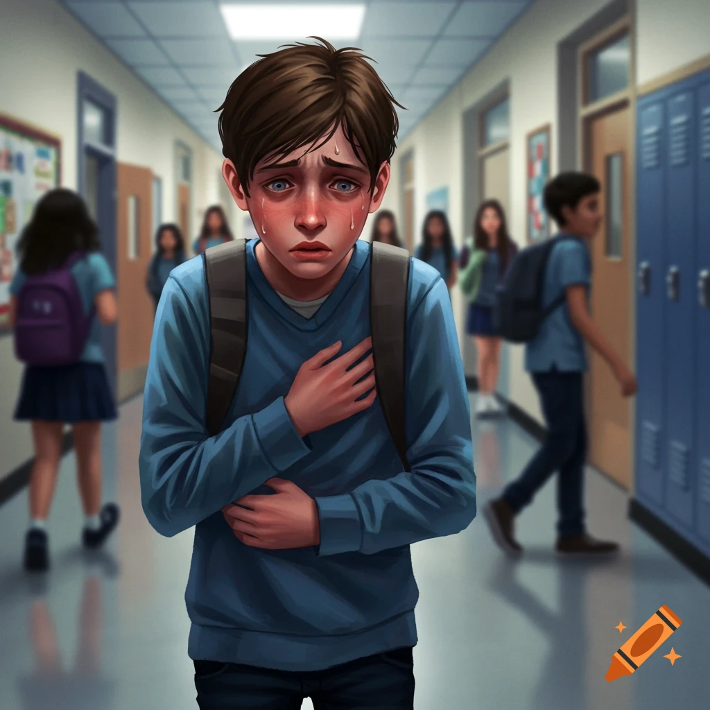 An illustration of a distressed middle school boy with red eyes and a ...