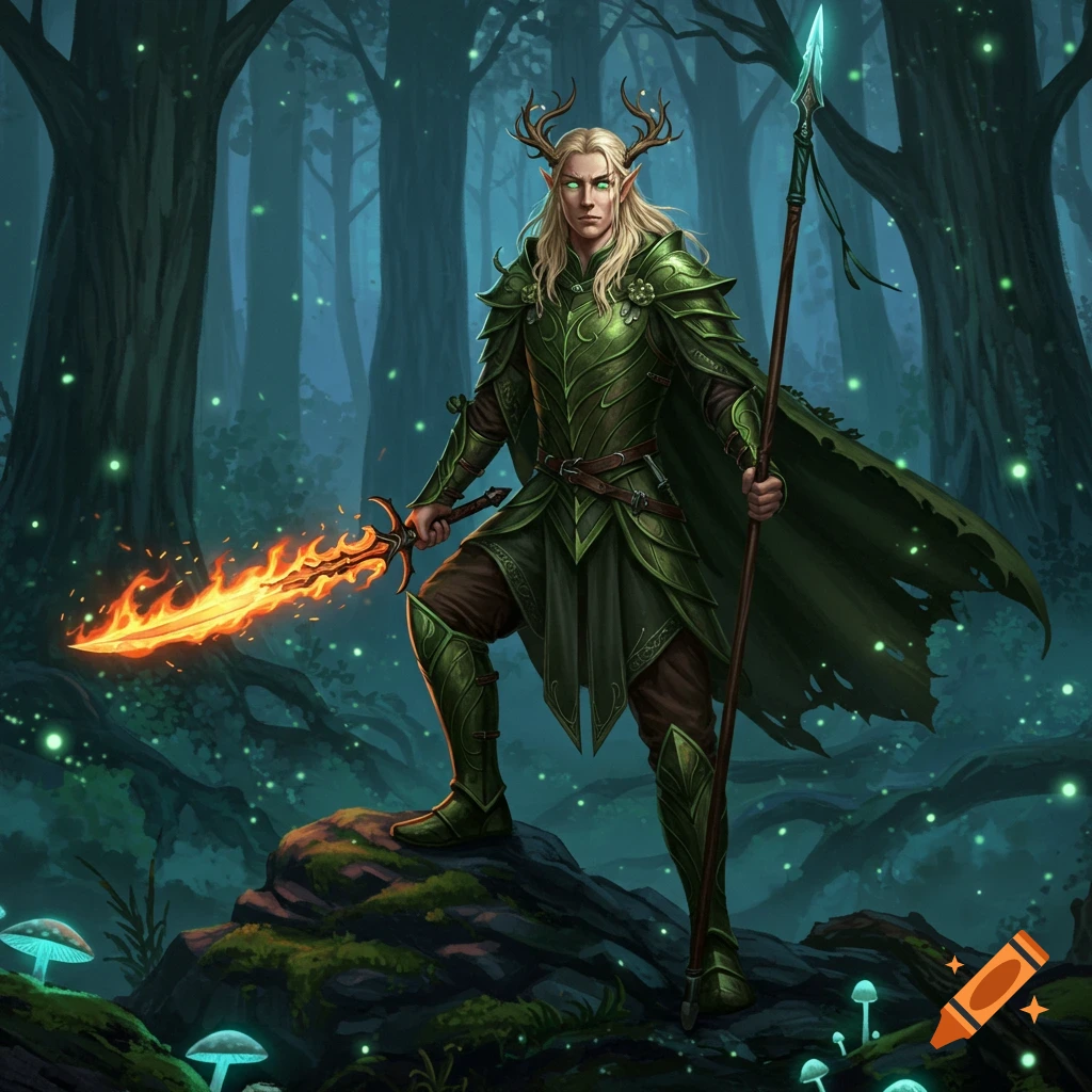 A male elf with blonde hair, green eyes, antler-like horns, wearing green armor, holding a ...