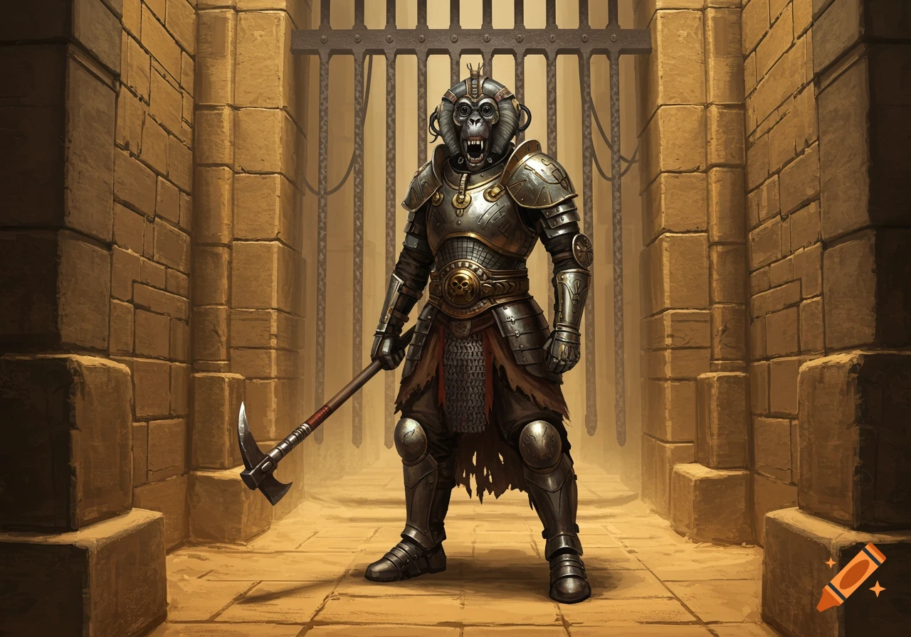 A warrior in elaborate silver and brass armor with a screaming baboon ...