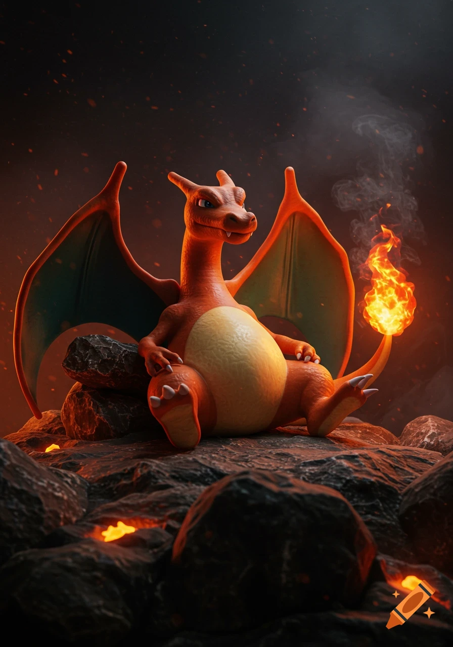 A high-detail 3D render of Charizard lying on rocky ground in a lazy ...