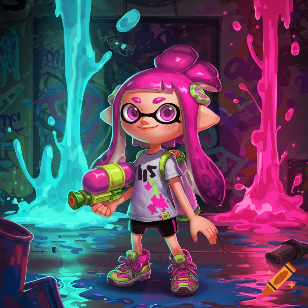 A cute pink Inkling character from Splatoon, with tentacles for hair ...