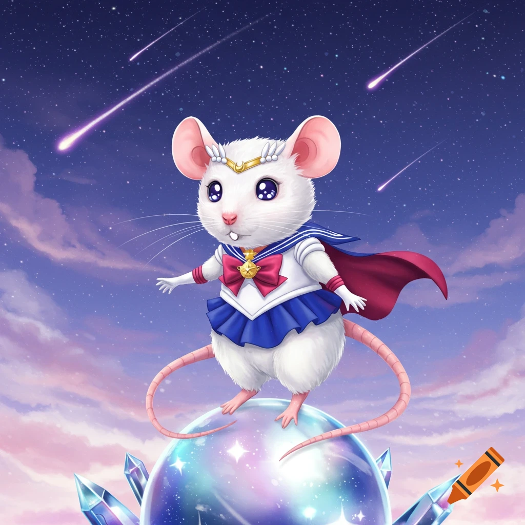 A cute white rat in a Sailor Moon costume stands on a sparkling orb ...