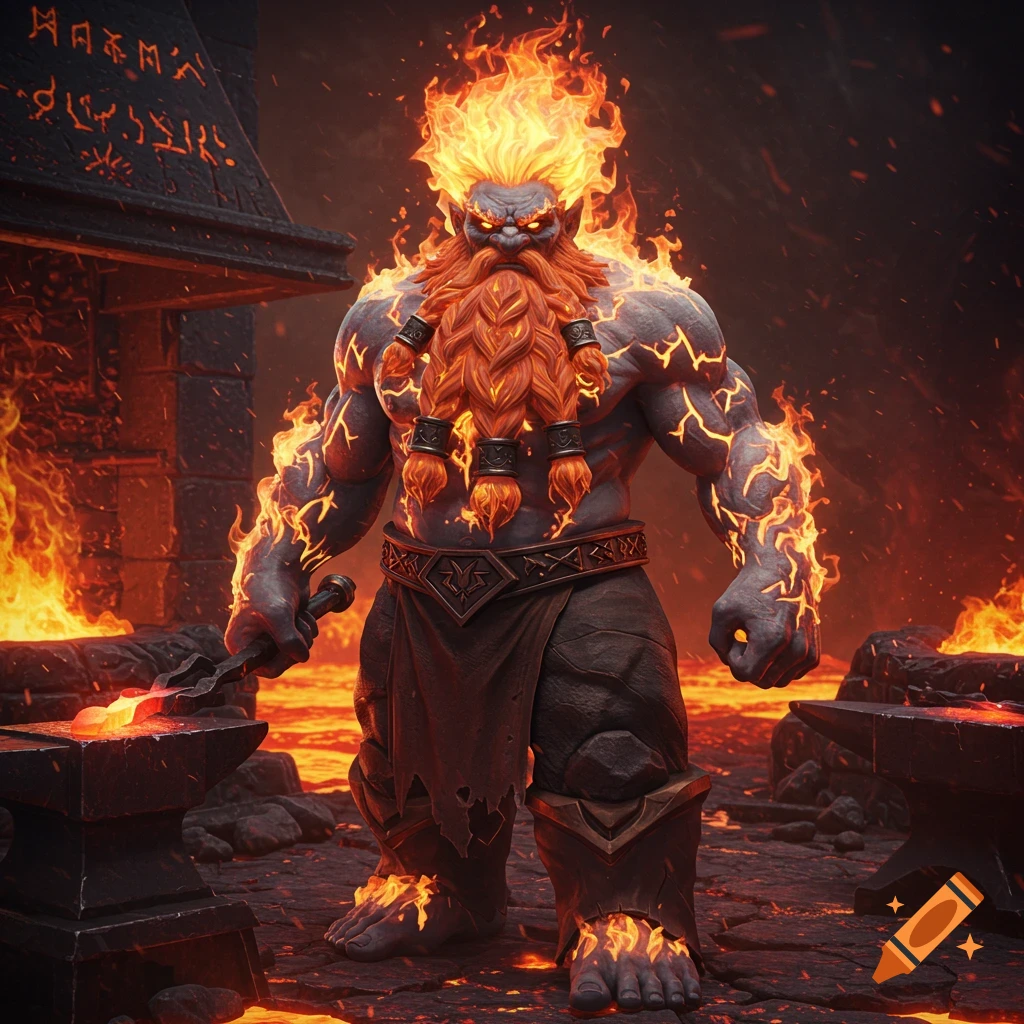 A powerful, muscular fire dwarf blacksmith with fiery hair and beard ...