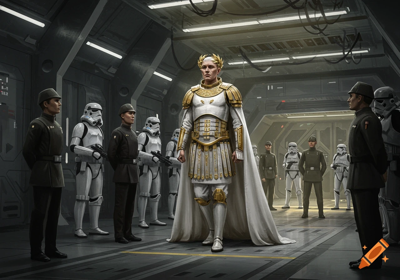 A man in white and gold Roman armor with a laurel wreath visits a Star ...