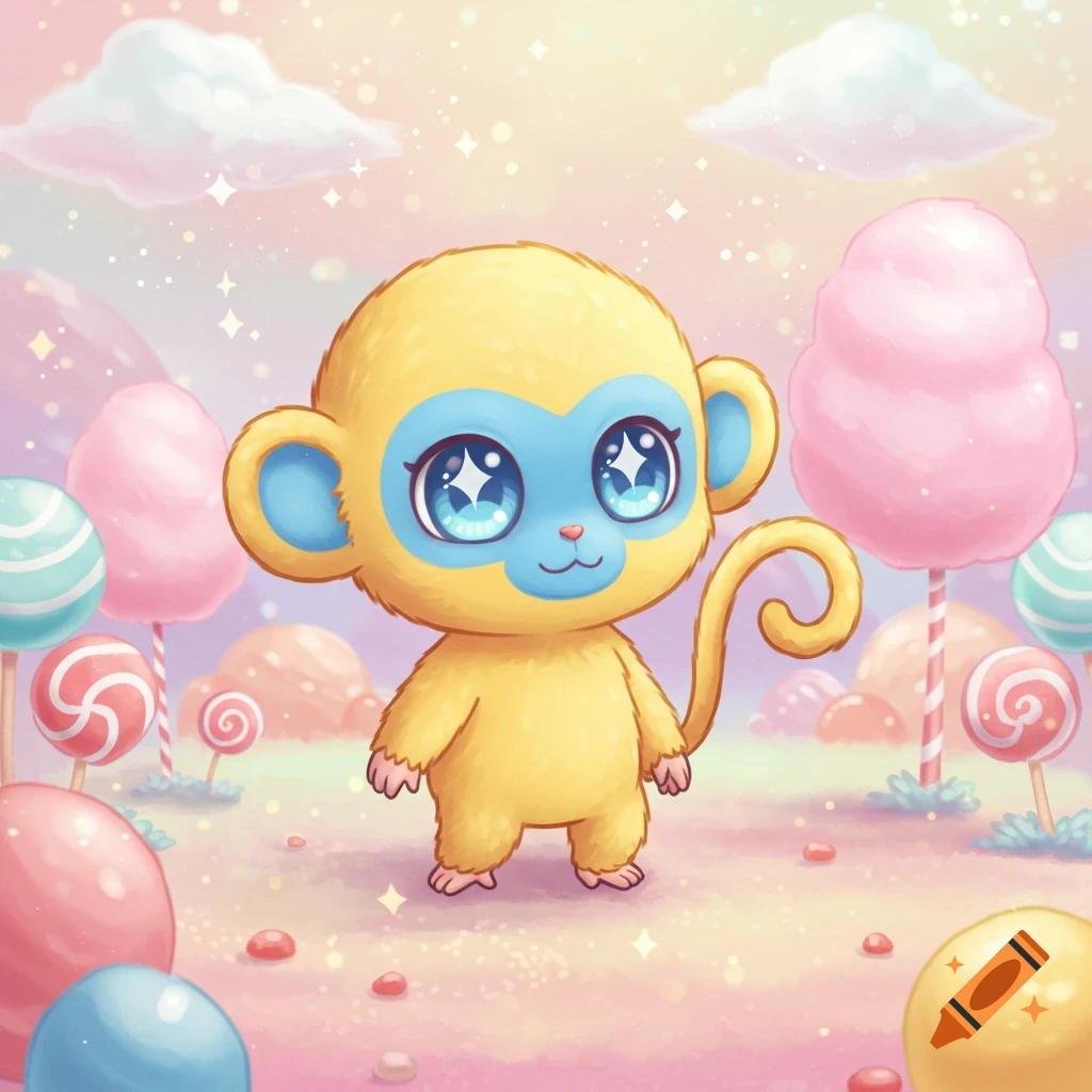 A cute yellow monkey with big blue eyes and face markings stands in a ...