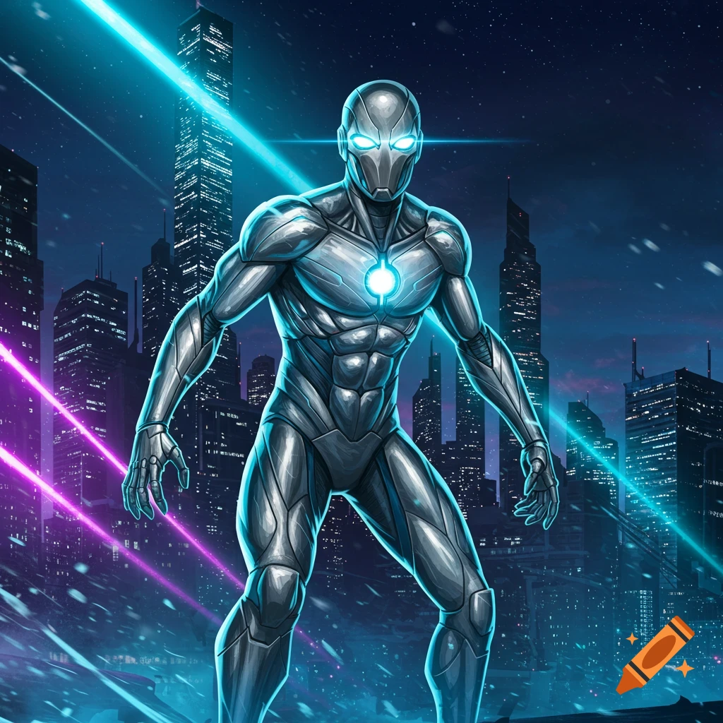 A silver superhero with glowing eyes and a chest emblem stands in a ...