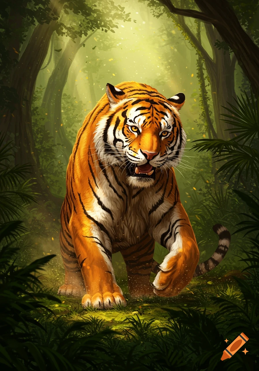 A majestic orange and black striped tiger with glowing eyes walks ...