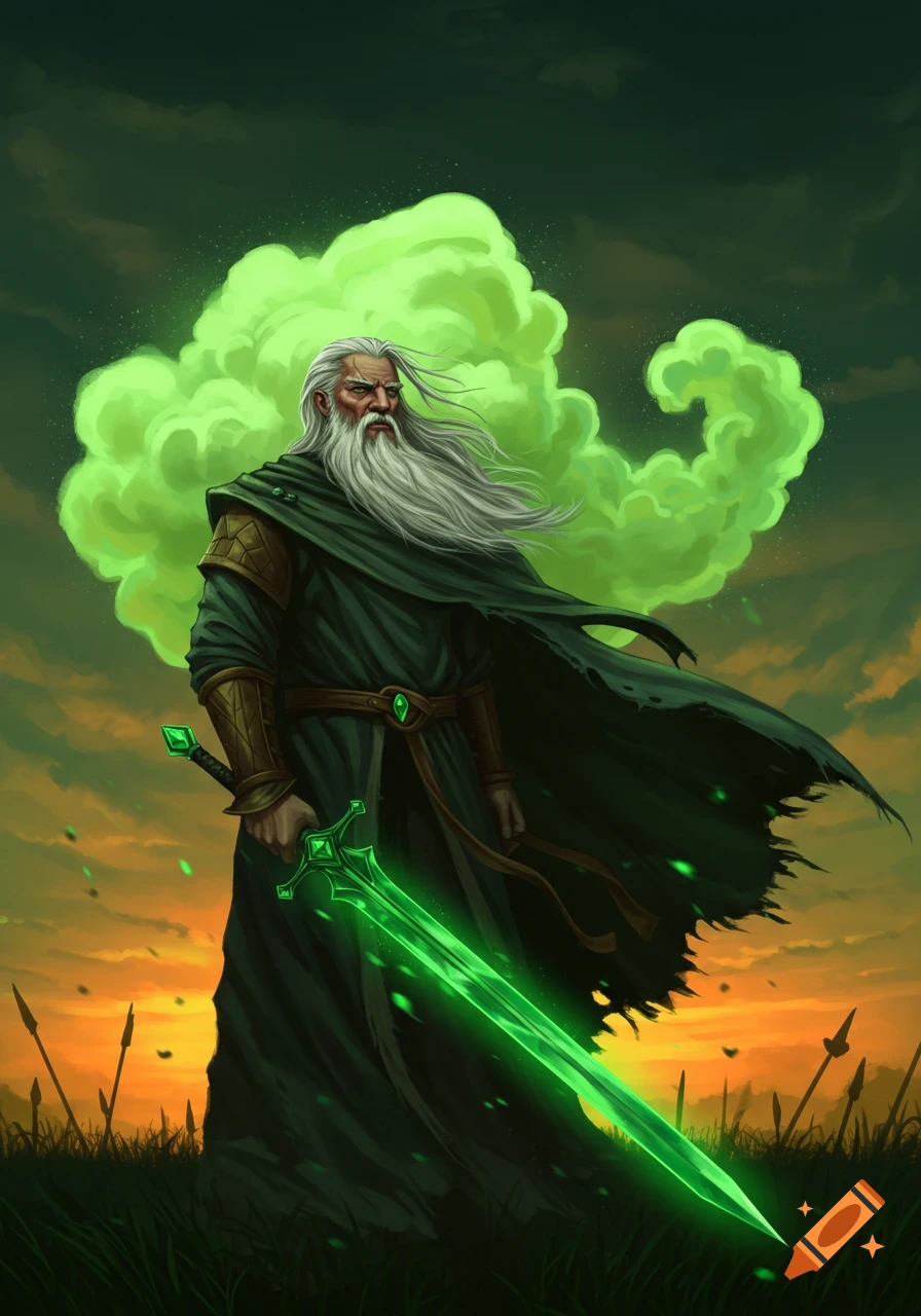 An old wizard with a long white beard and green robes stands in a field at sunset, holding a ...