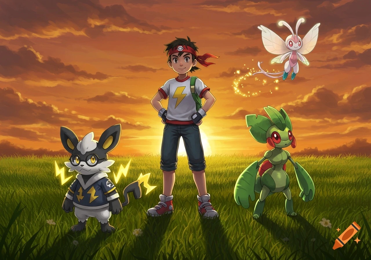A young anime trainer and three custom Pokémon stand in a grassy field ...