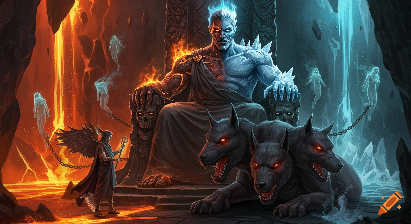 Epic dark fantasy artwork of Hades on a throne, half fire, half ice ...