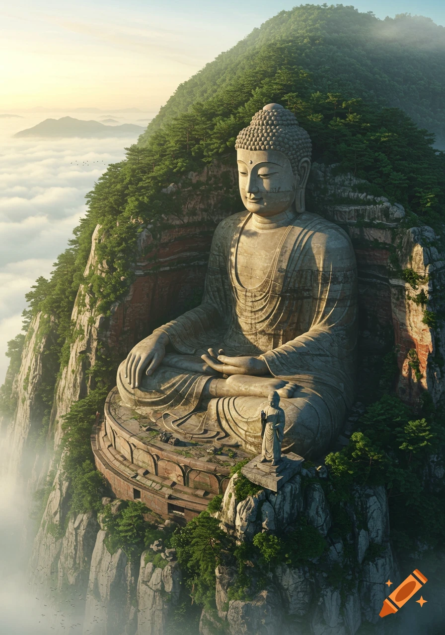 A majestic colossal Buddha statue carved into a lush green mountain ...