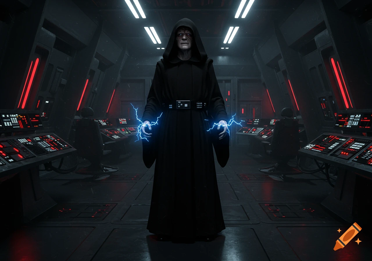 Emperor Palpatine in a dark control room, wielding blue Force lightning ...