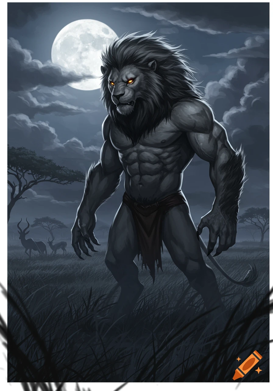 A grey, muscular werelion with glowing orange eyes stands in a moonlit ...