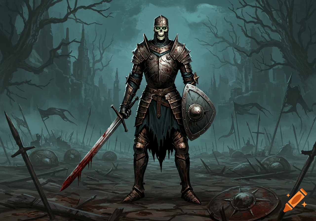 A skeleton knight in detailed armor holds a bloody sword and shield on ...