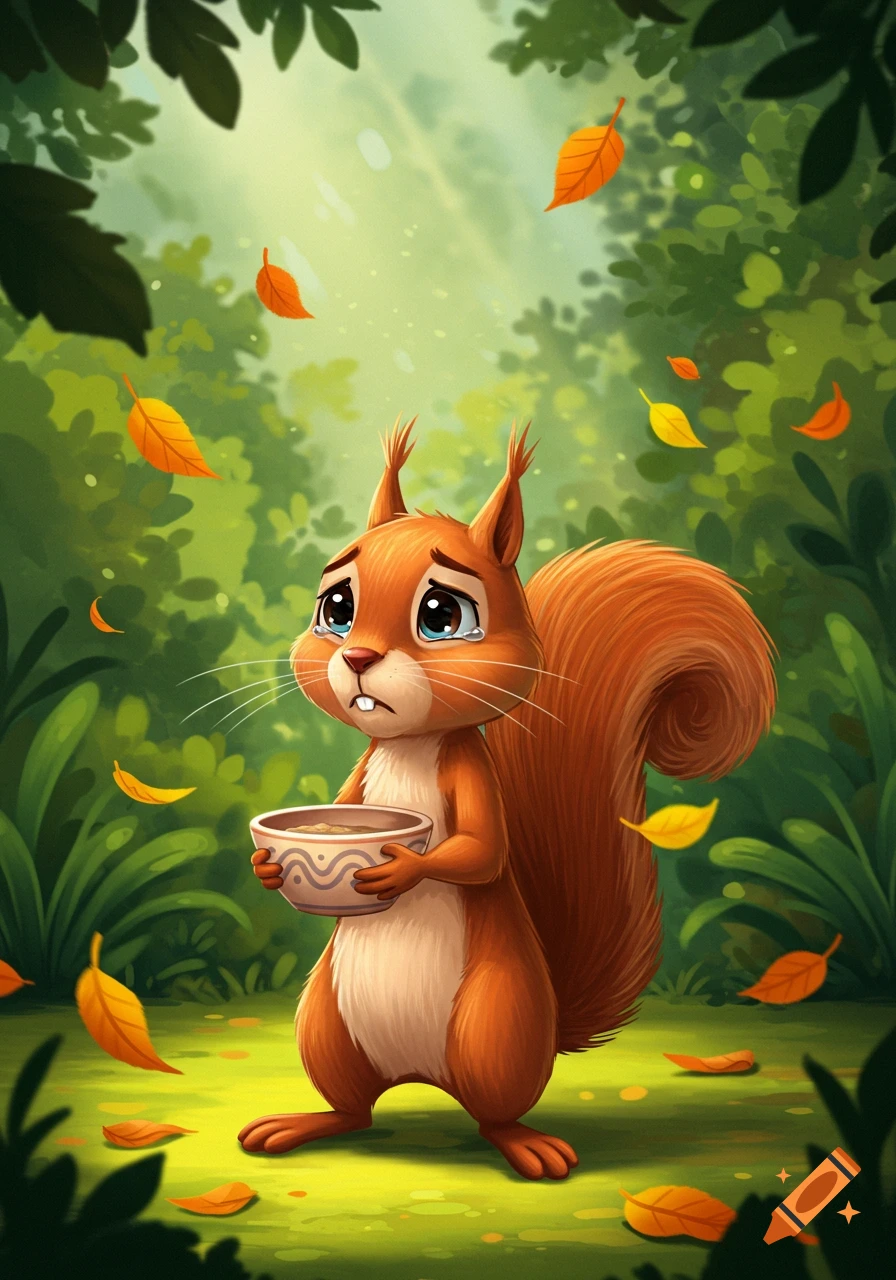 A sad cartoon squirrel cries while holding an empty bowl in a forest ...