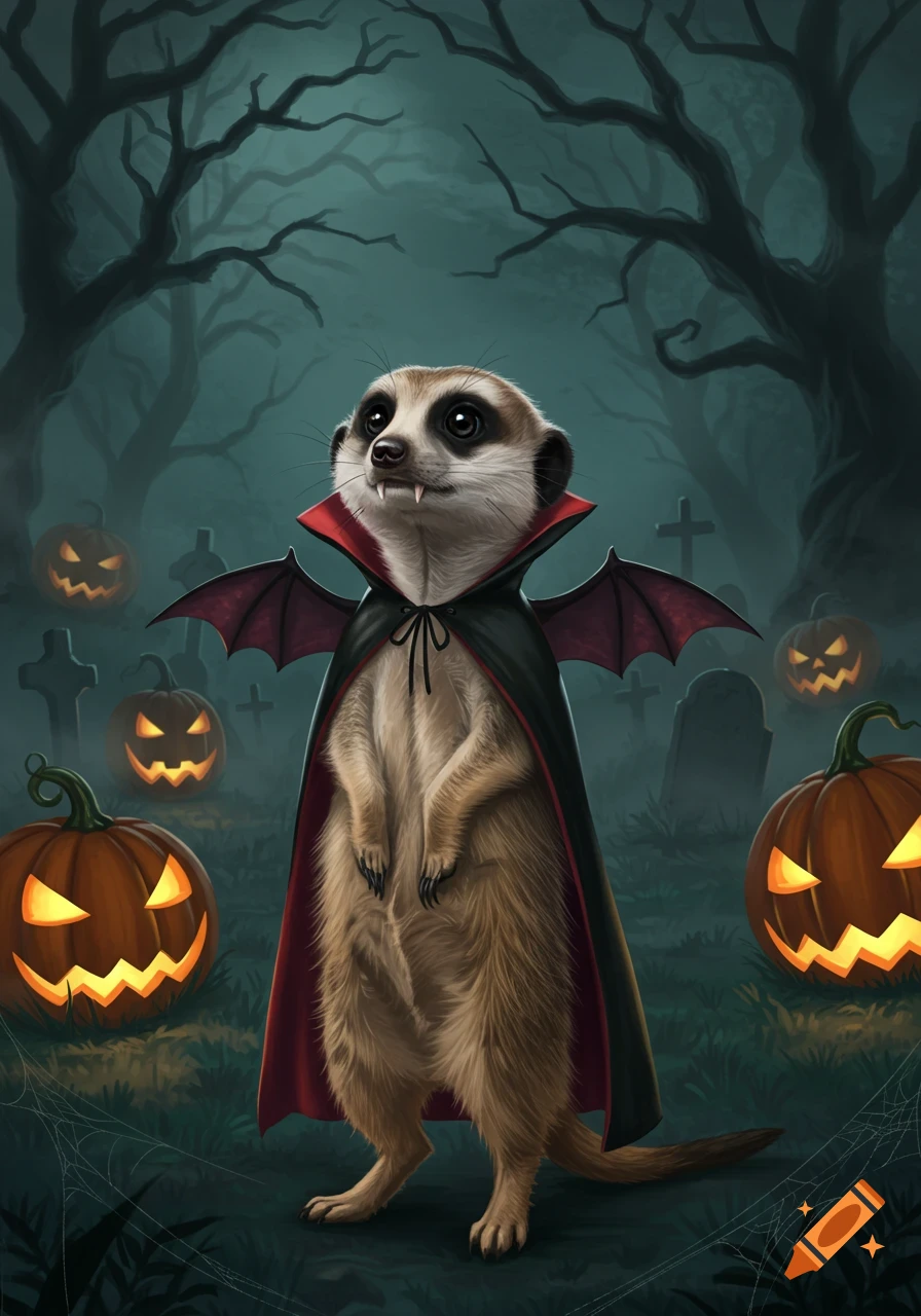 An illustrated meerkat dressed as a vampire, standing in a spooky ...