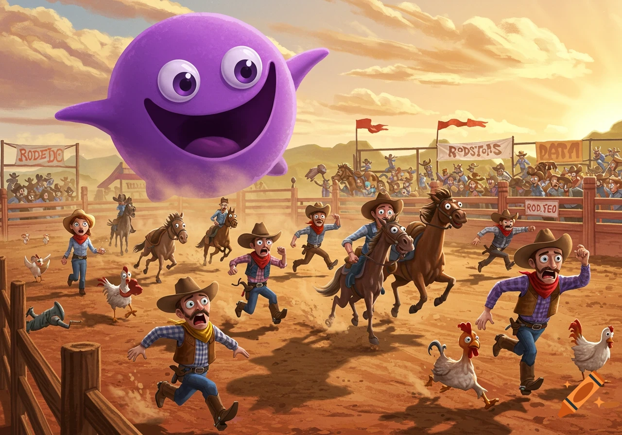 Cartoon cowboys, horses, and chickens flee in terror from a giant ...