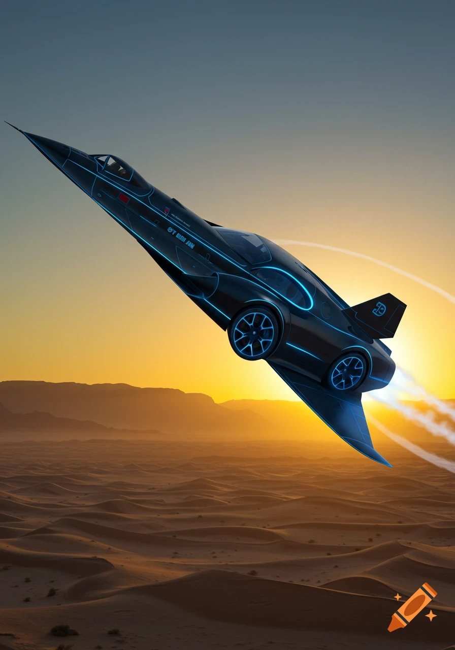 A black futuristic jet-car hybrid with neon blue accents flies over a ...