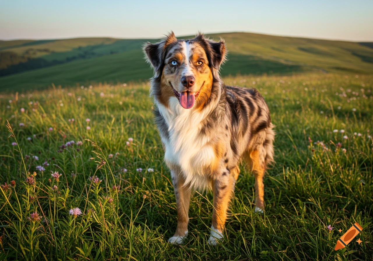 A happy merle Aussidor dog with heterochromia stands in a sunlit green ...