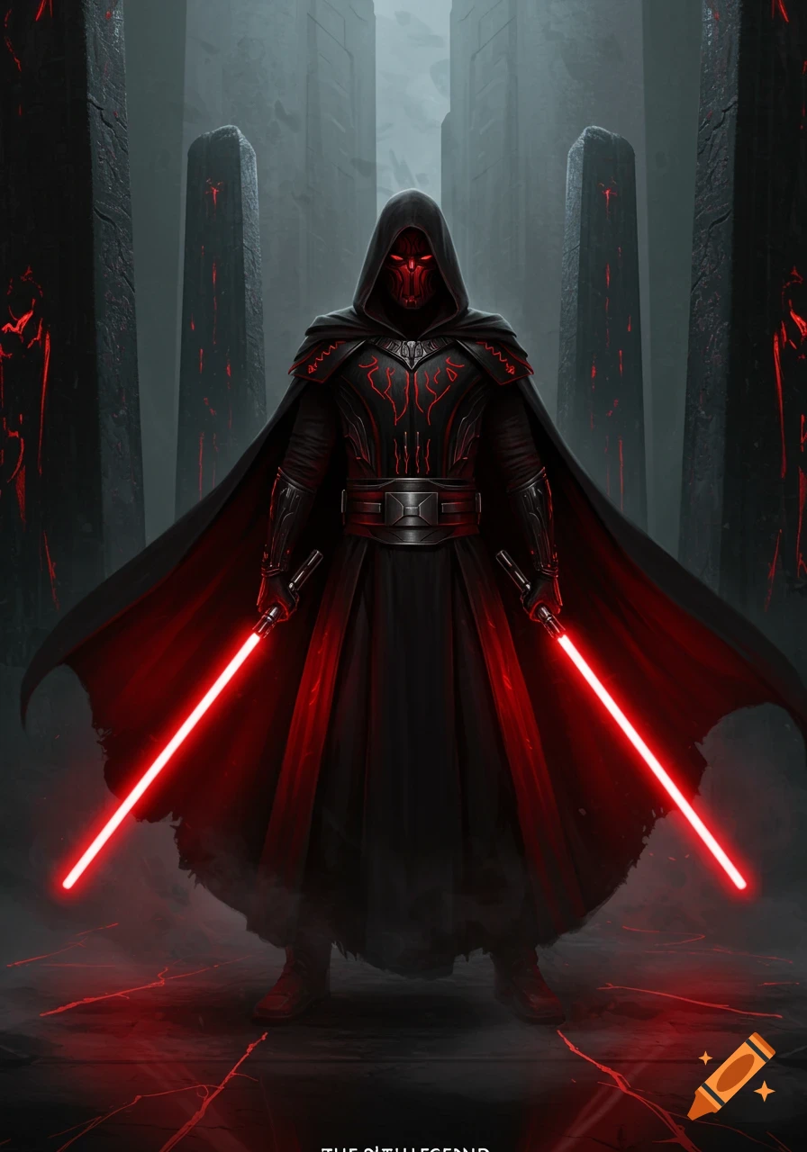 A dark figure resembling a Sith Lord stands with two glowing red ...