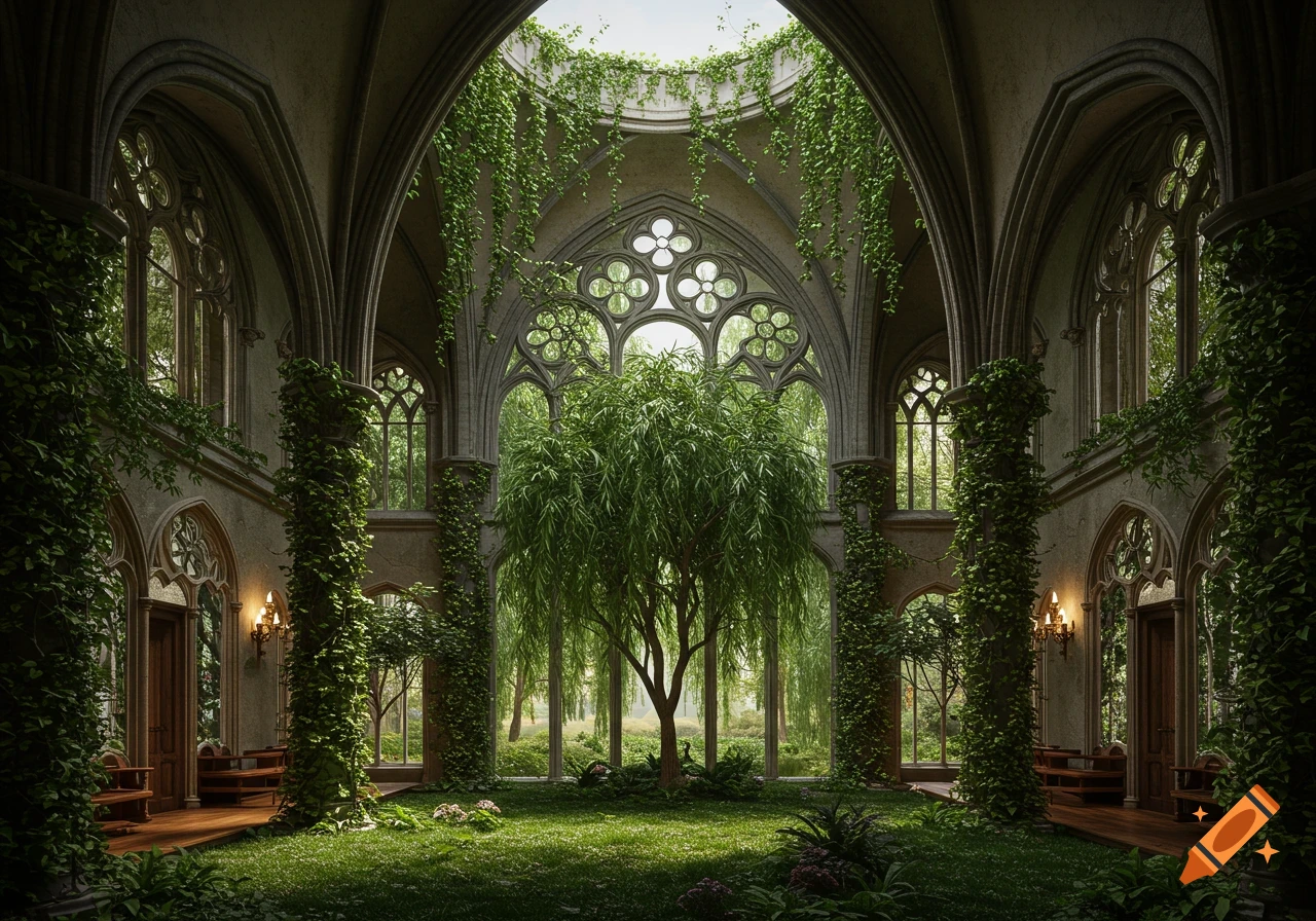A lush, overgrown gothic hall with a weeping willow tree in the center ...
