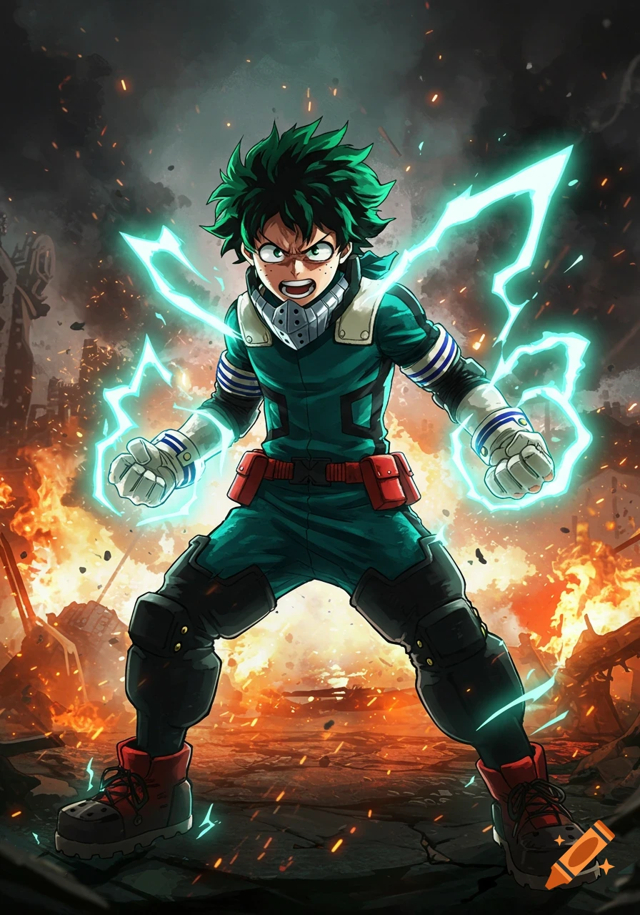 An energetic anime hero, Deku, stands in a battle-ready pose with ...