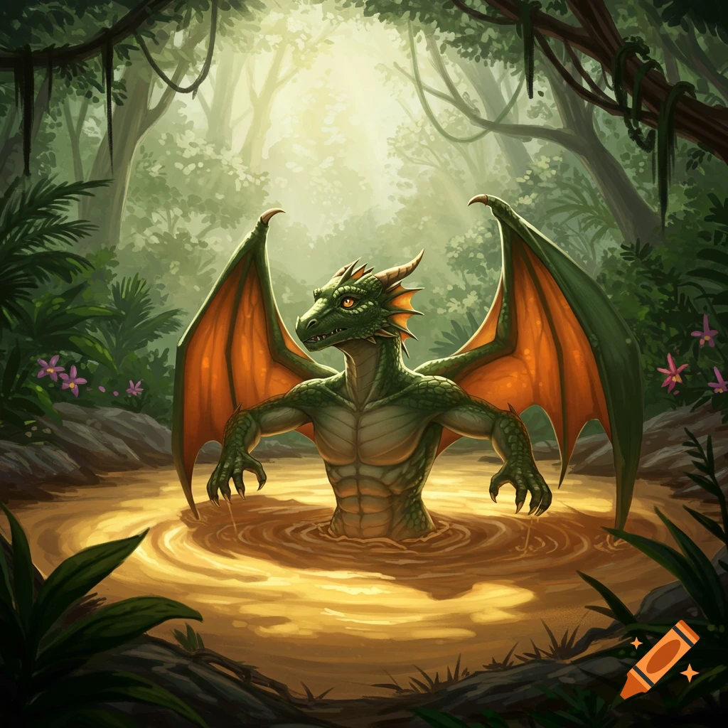 A green, muscular dragon-like humanoid with orange wings emerging from ...