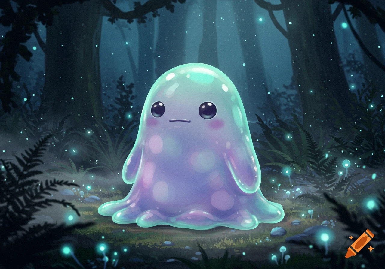 A cute, glowing, translucent purple and teal blob monster with large ...