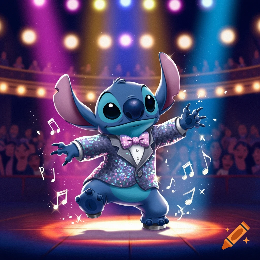 Stitch from Disney's Lilo & Stitch tap dances in a sparkly suit on a ...