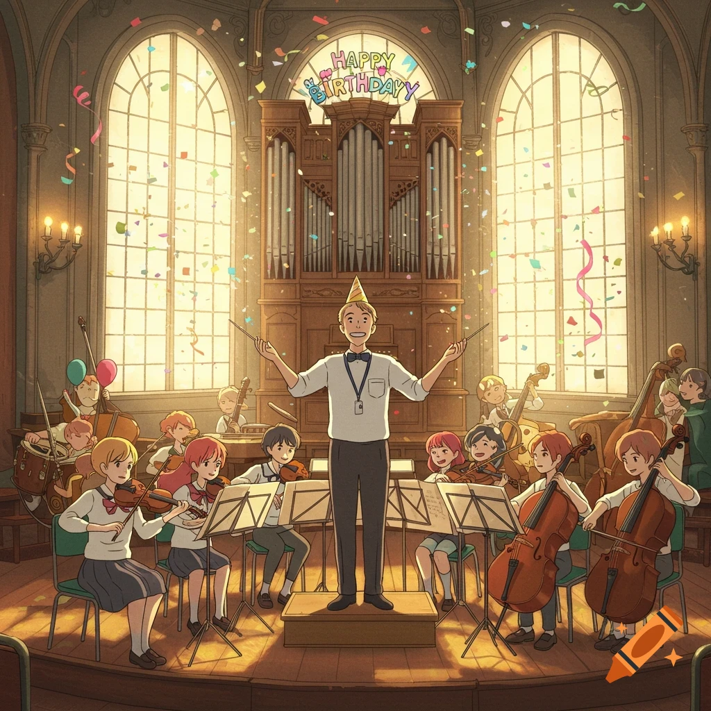 An anime-style conductor in a party hat leads a children's orchestra in ...