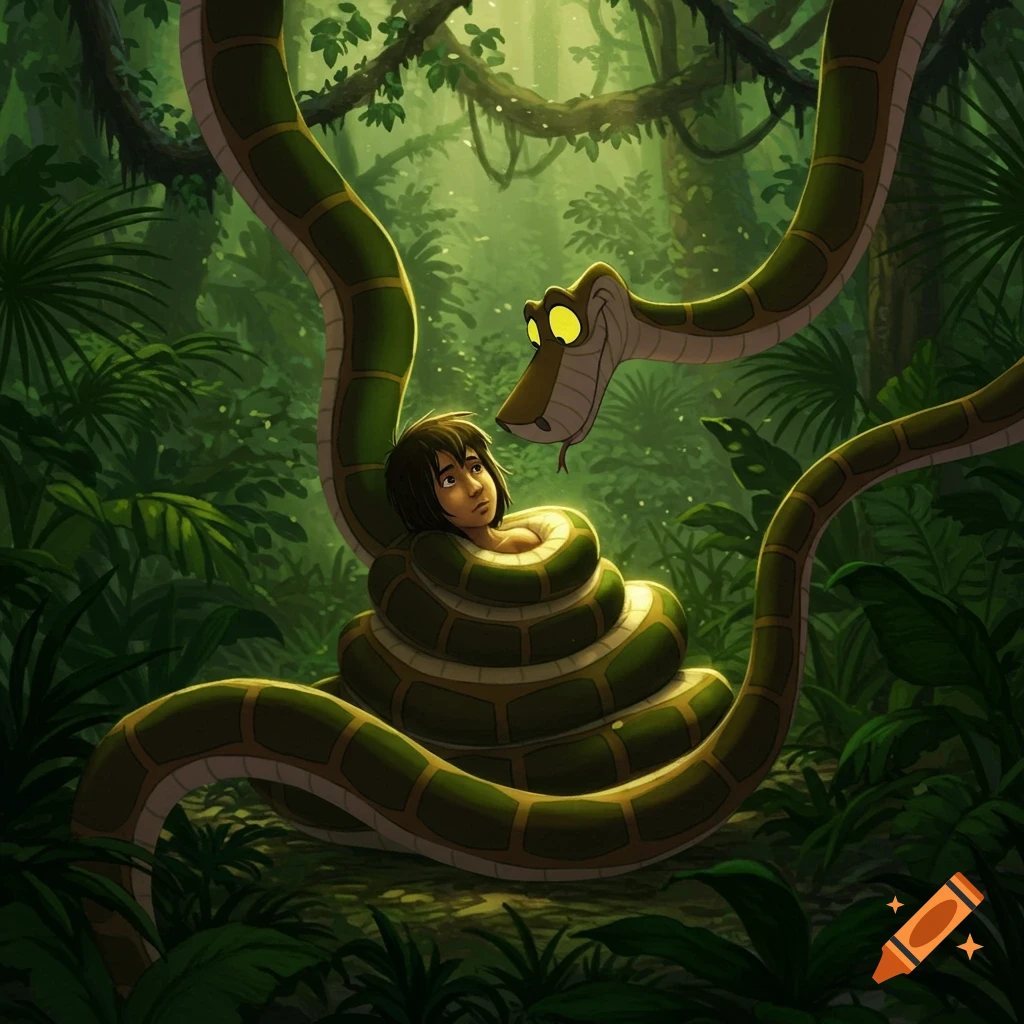 Animated Mowgli coiled by Kaa the snake in a vibrant, lush jungle ...