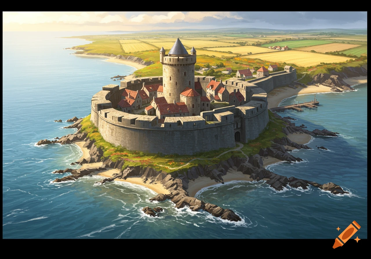 Aerial view of a medieval stone fort with a round tower and houses on a ...