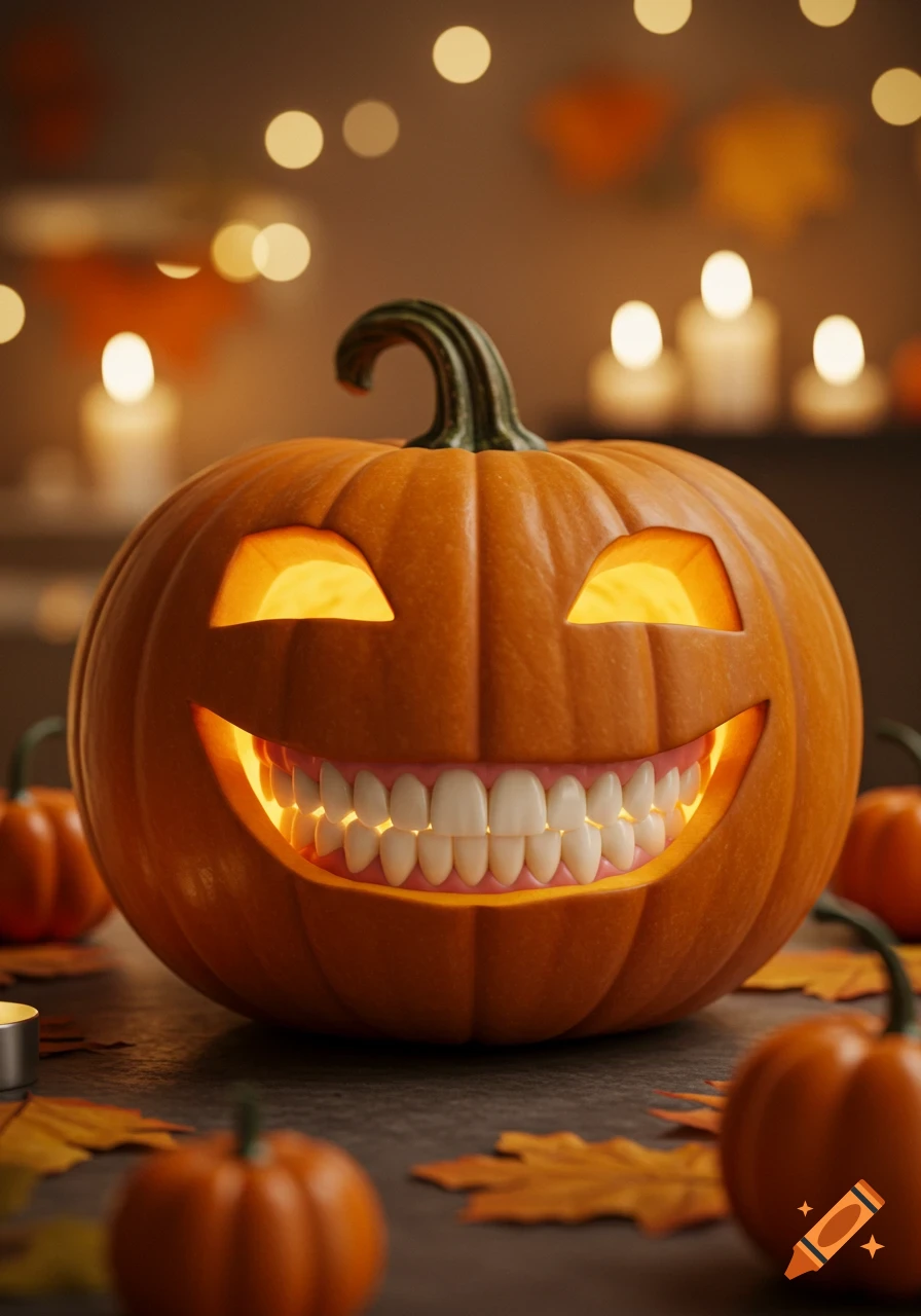 A photorealistic carved Halloween pumpkin with glowing human-like teeth ...