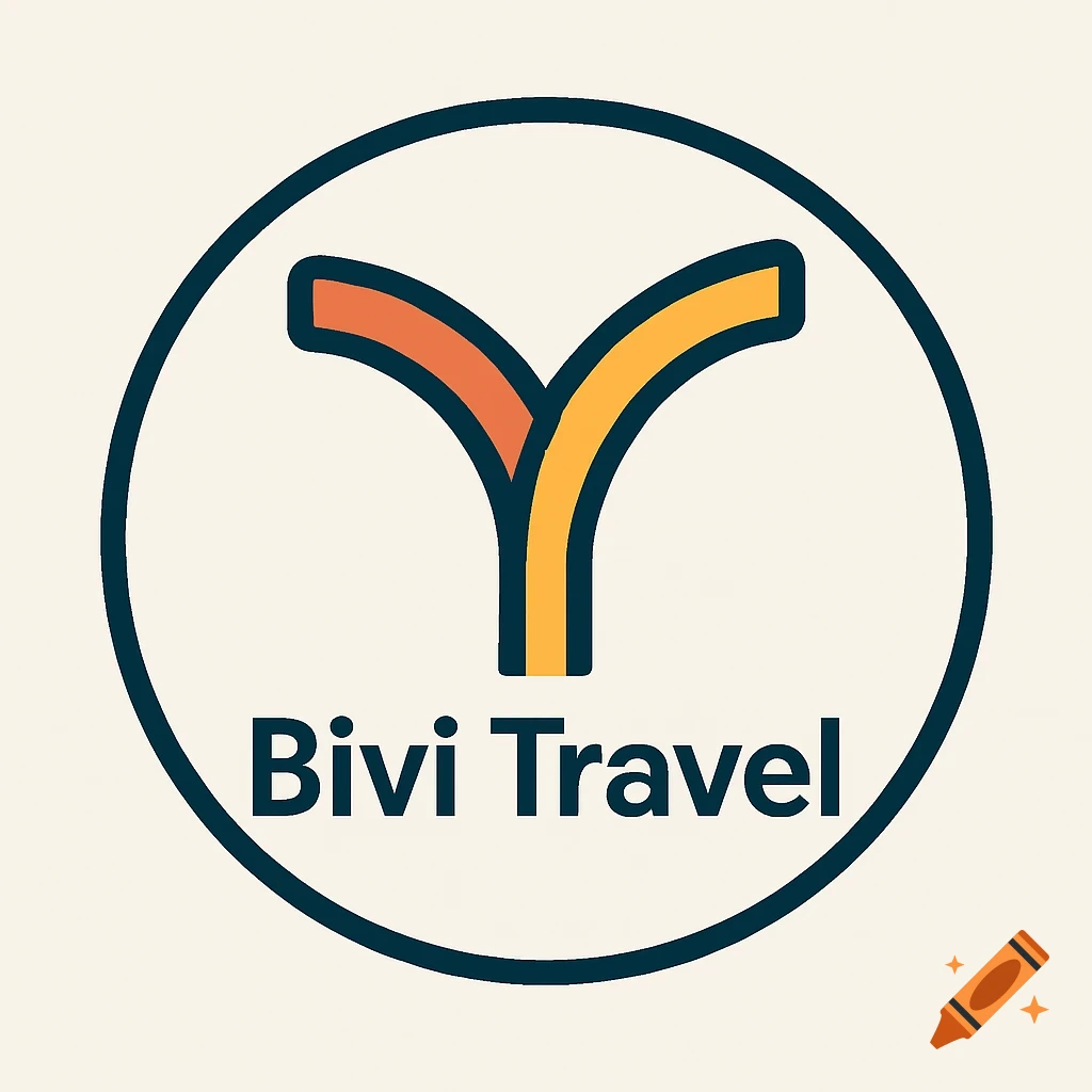 A circular logo for Bivi Travel, featuring a minimal forked path design ...