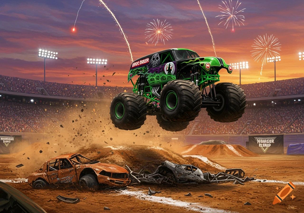 A green and black Grave Digger monster truck jumps over crushed cars in ...