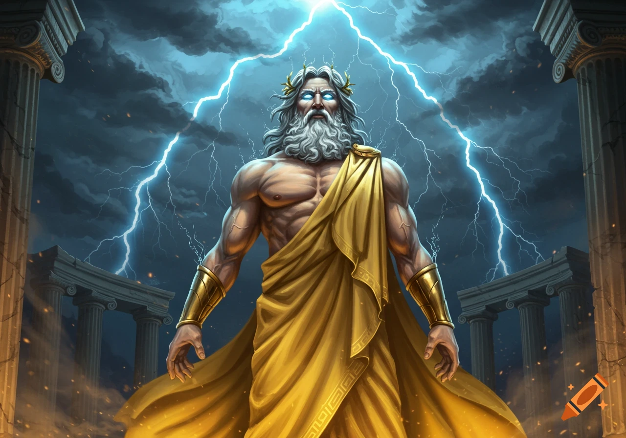 A muscular, bearded Zeus with glowing eyes wears a golden toga ...