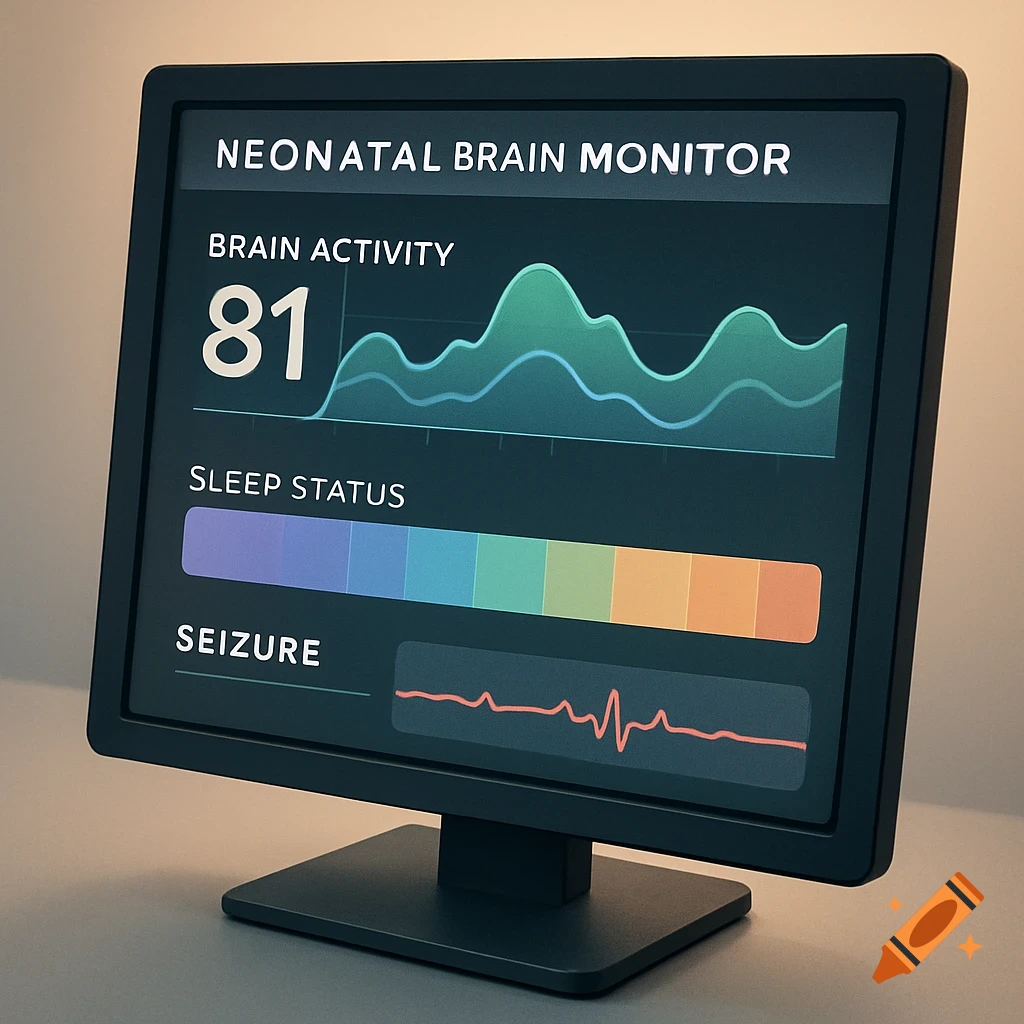 A clinical monitor showing neonatal brain activity, sleep status, and ...