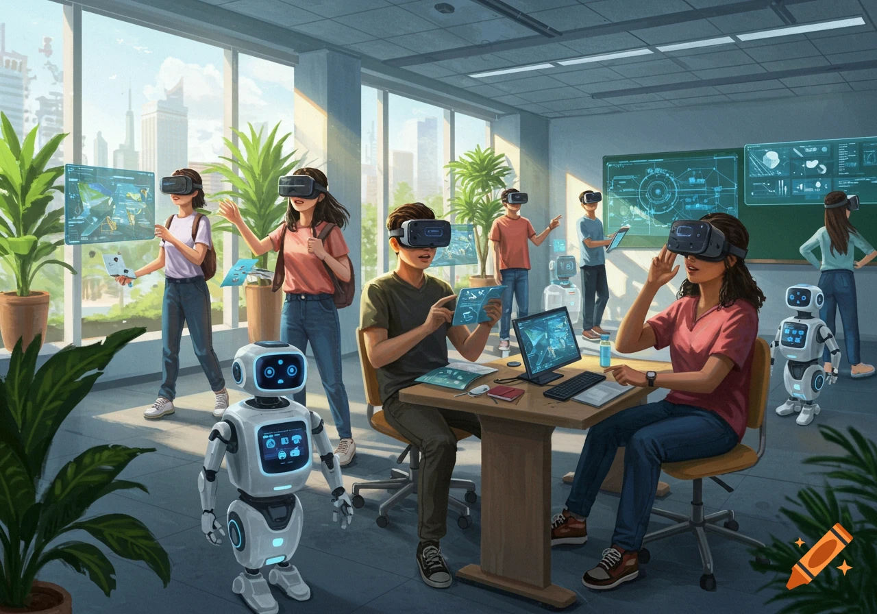 Students wearing VR headsets interact with futuristic interfaces and friendly robots in a bright ...
