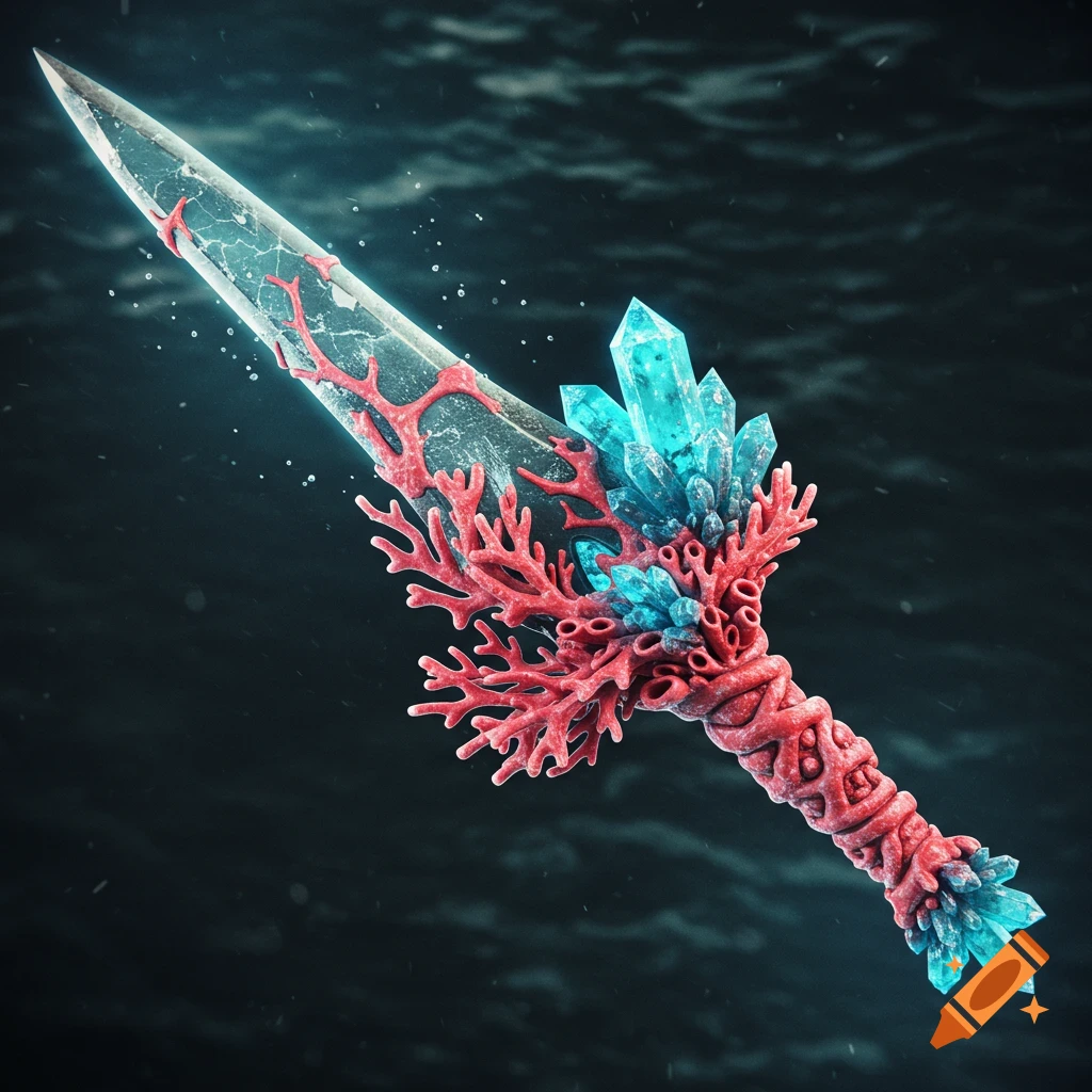 A glowing magical short sword encrusted with vivid red coral along the ...