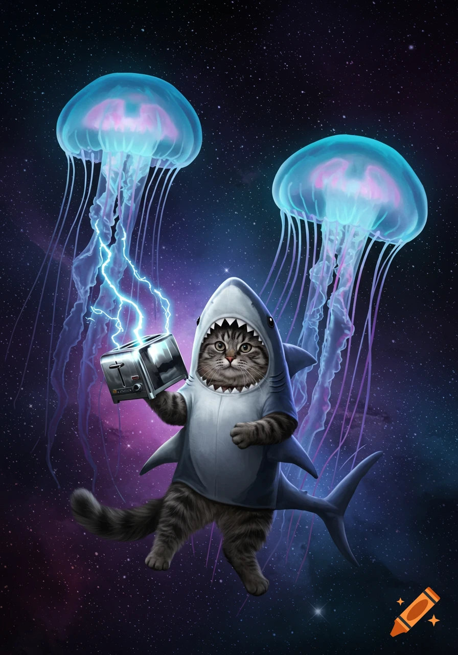 A vibrant illustration of a cat in a shark costume holding a lightning-emitting toaster in space ...