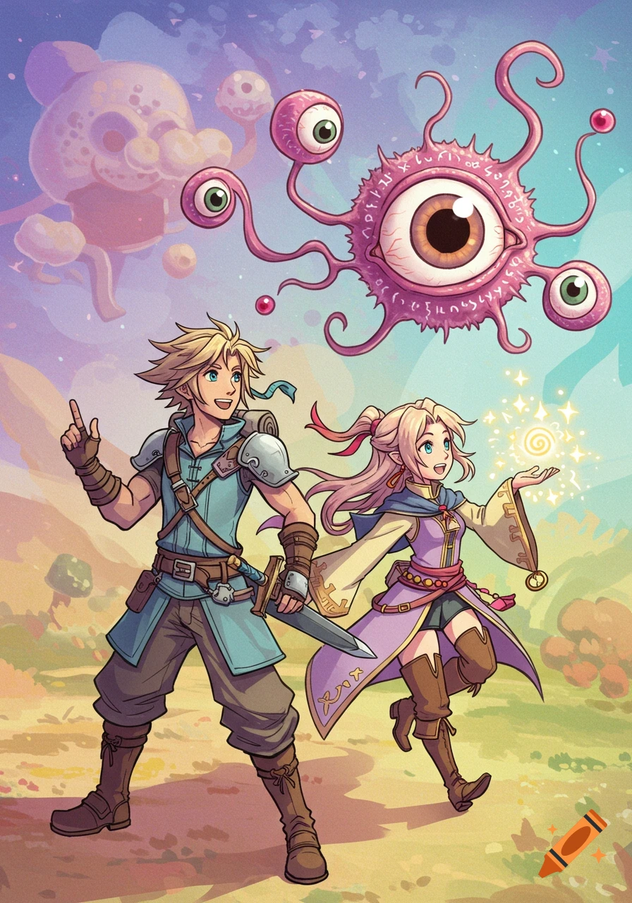 A male and female hero in traveler's clothes and light armor with a ...
