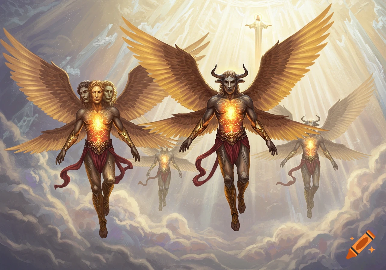 Winged angelic beings with multiple faces and bull heads float on ...