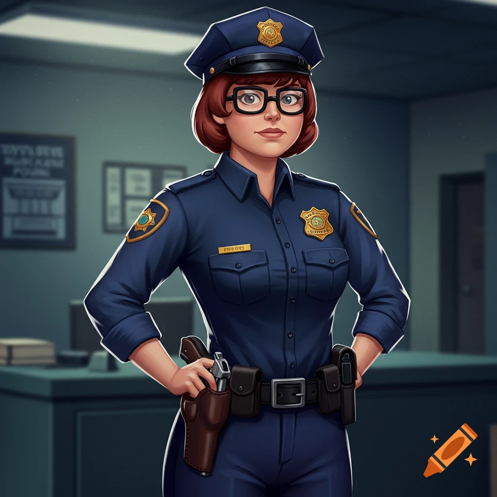 A cartoon-style Velma from Scooby Doo as a police officer in a dark ...
