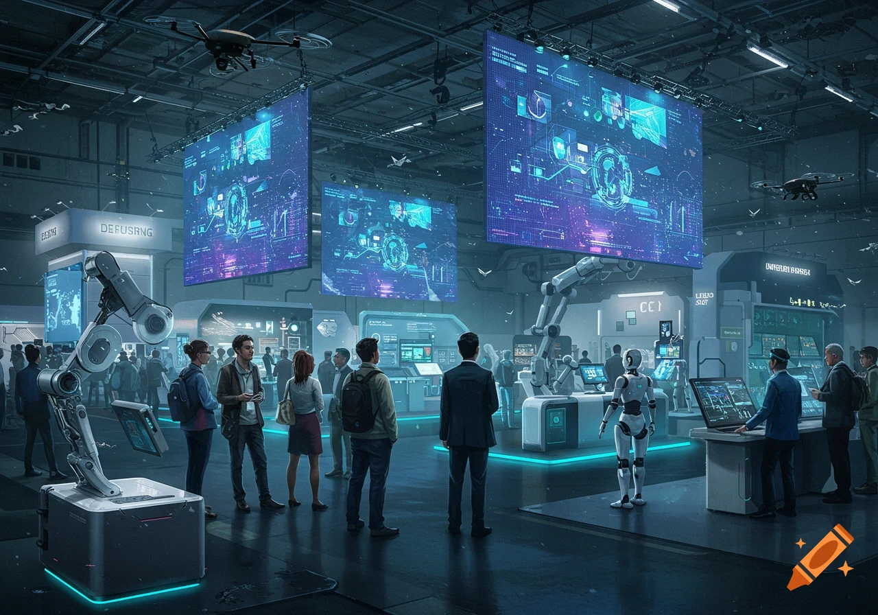 A futuristic tech exhibition with people, robots, and drones observing ...