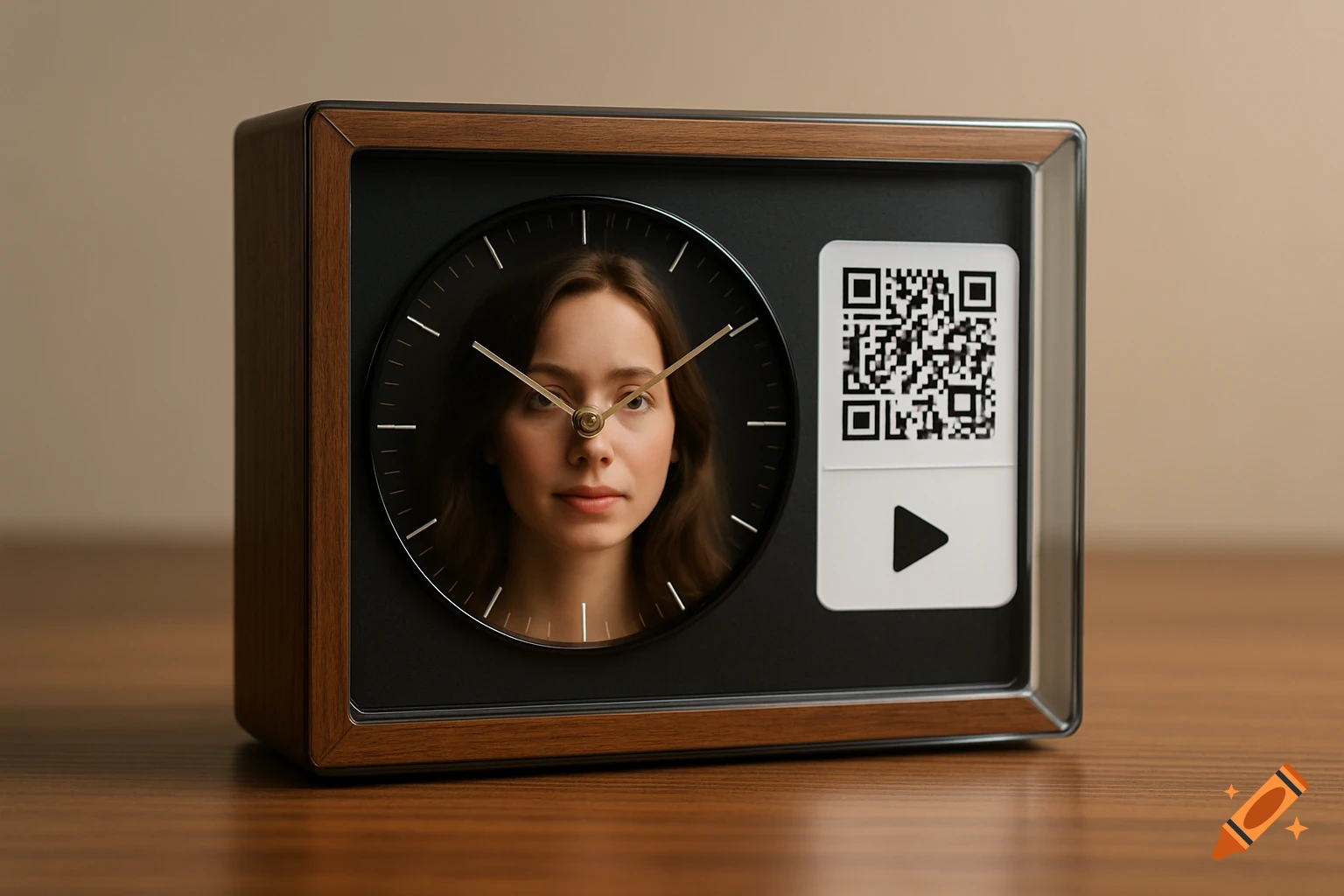 Modern desktop clock with a wooden frame, featuring a woman's face on the clock dial and a QR ...