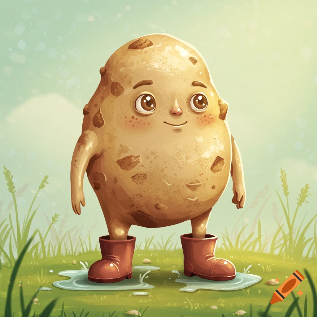 A cute cartoon potato character with a friendly face, small arms, and ...